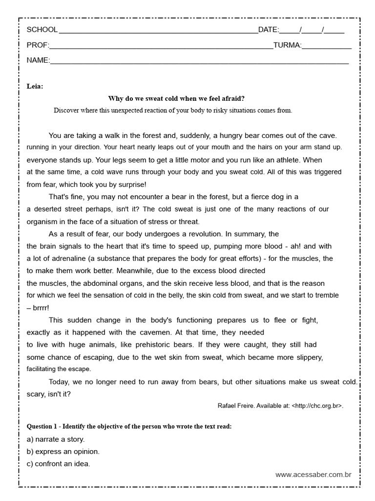 Interpretation Activity Explanatory Text 6th Grade Word | PDF | Fear ...