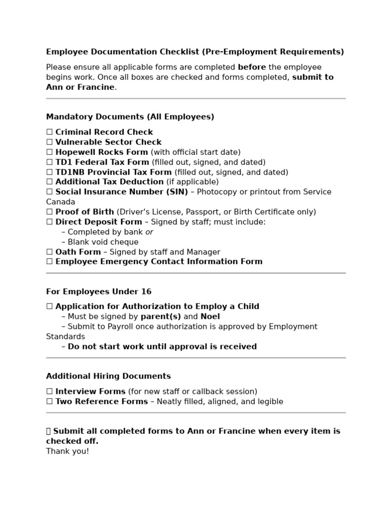 Pre-Employment Documentation Checklist | PDF