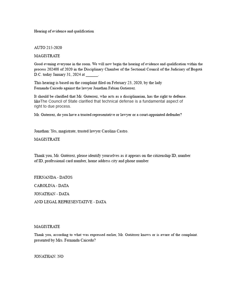 SCRIPT Hearing of Evidence and Qualification | PDF | Complaint | Lawyer