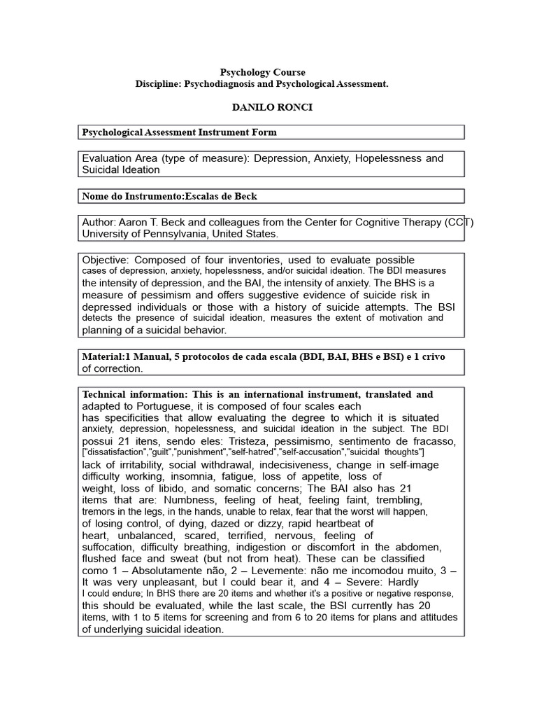 Beck Scales Instrument Sheet.docx | PDF | Depression (Mood) | Major ...