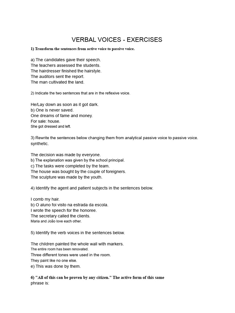 08 - 8th Grade - Verb Voices - Exercises | PDF | Syntax | Grammatical ...