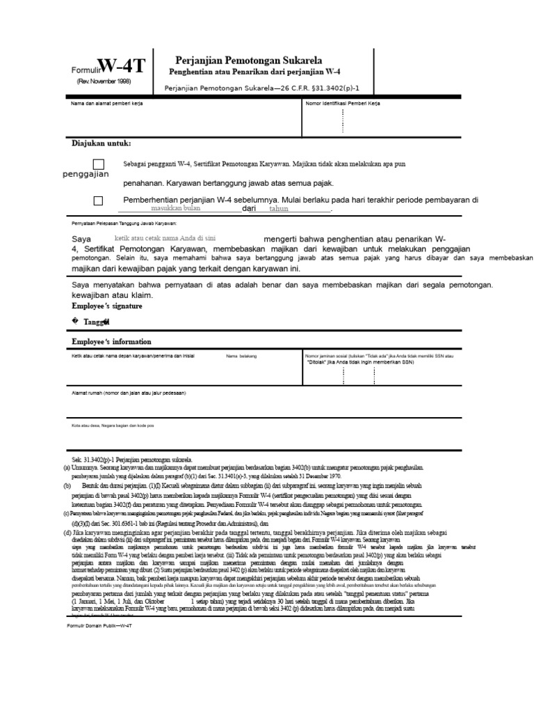 Perjanjian Pemotongan Sukarela W-4T | PDF