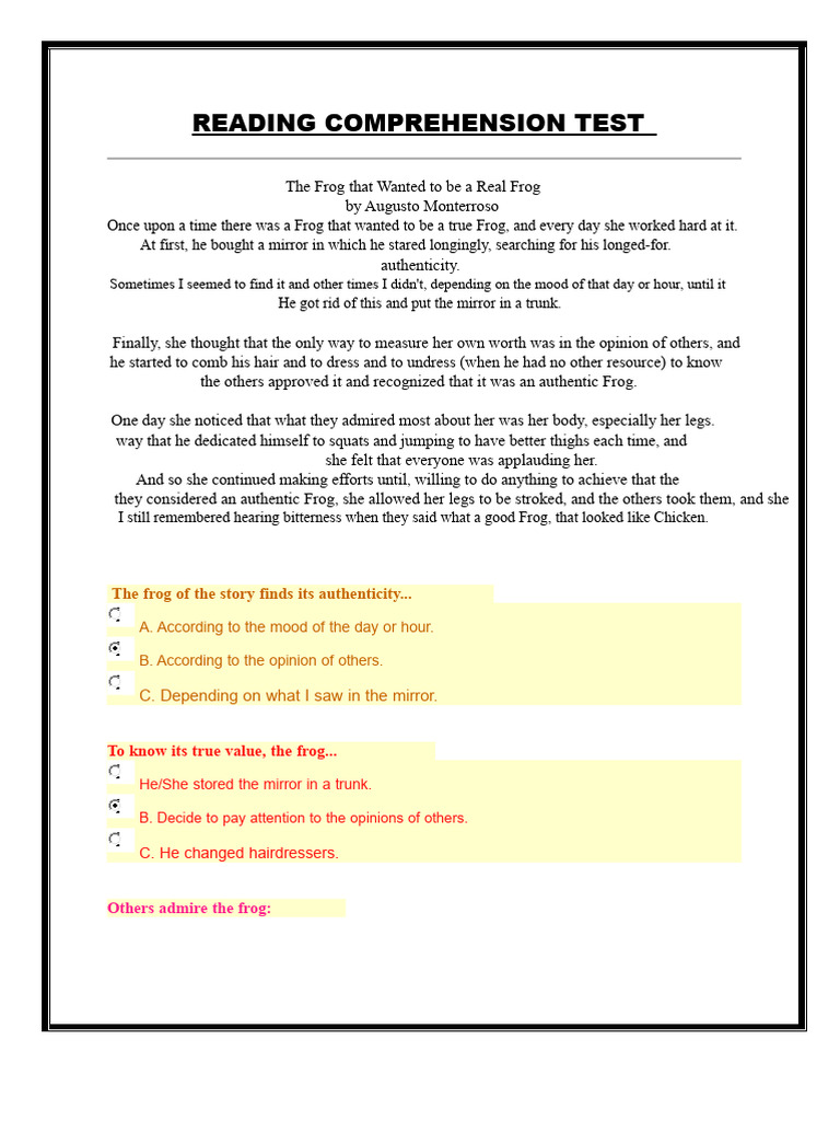 READING COMPREHENSION TEST Solved | PDF