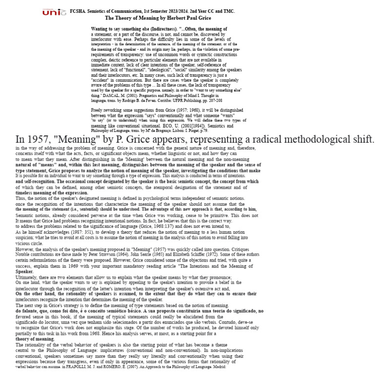 FRAPOLLI and ROMERO. Paul Grice's Theory of Meaning | PDF | Semantics ...