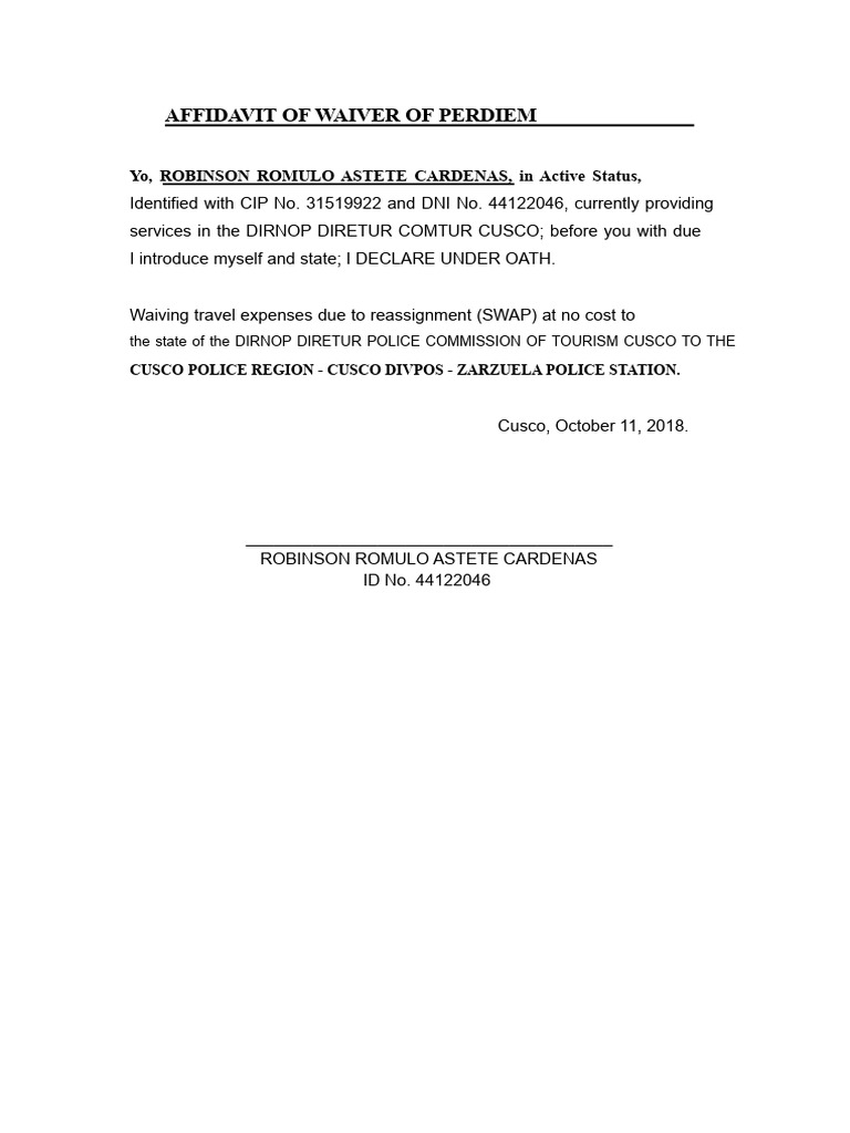Affidavit Waiving Travel Expenses | PDF