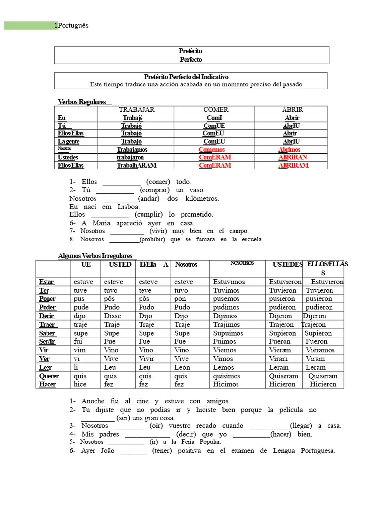 Actividades Pretérito Perfecto | PDF | Verbo | Morfología