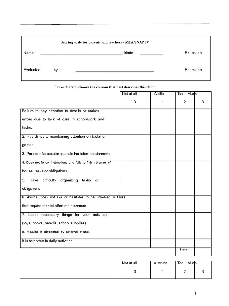 MTA SNAP IV Scoring Scale Guide | PDF | Attention | Cognition