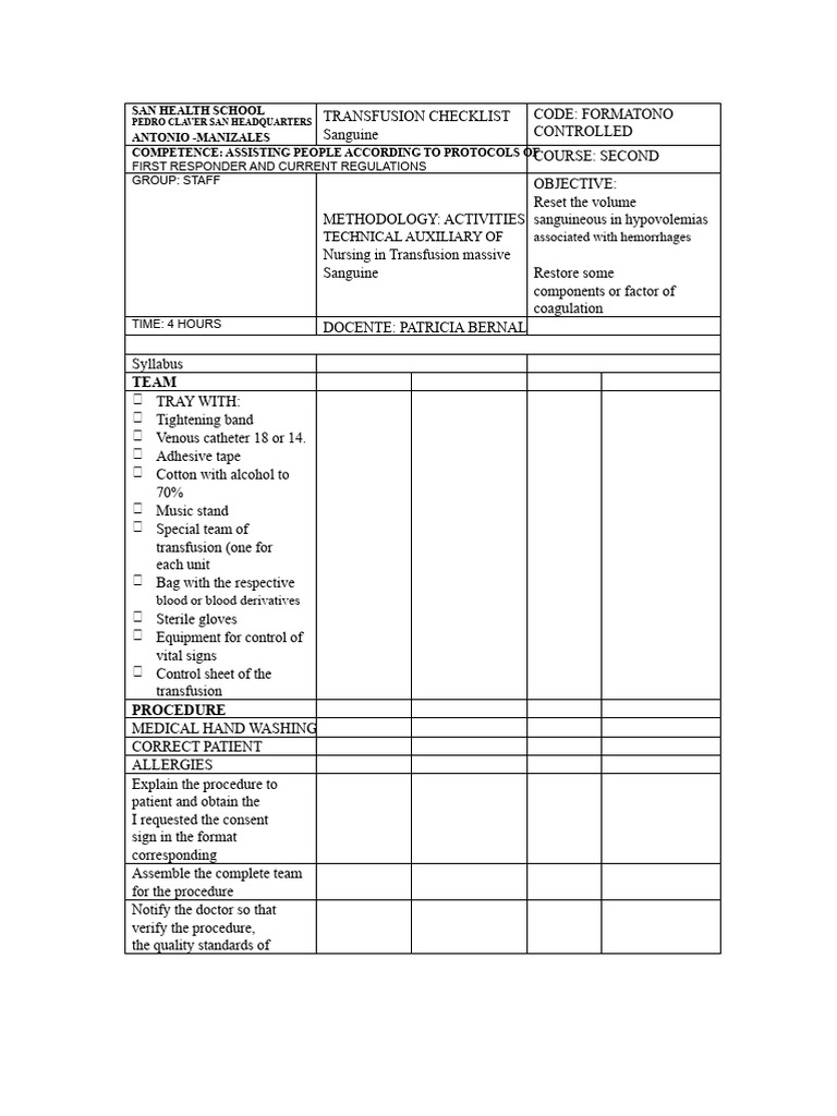 BLOOD TRANSFUSION CHECKLIST 2022 | PDF | Blood Transfusion ...