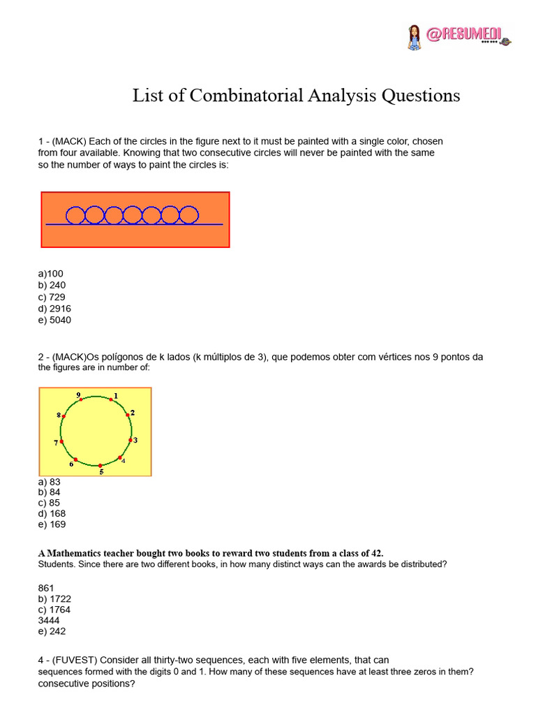 Combinatorial Analysis Questions List | PDF | Combinatorics | Mathematics
