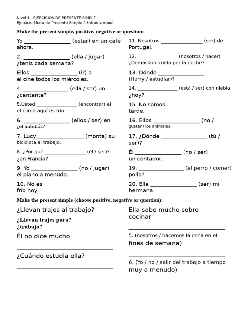 Ejercicio Mixto de Presente Simple 2 | PDF