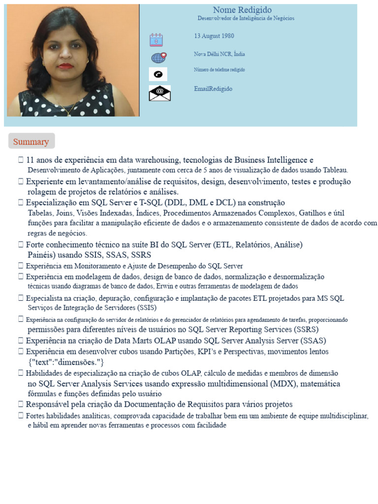 amostra de currículo 7 - Tableau, SSIS, SSRS, SSAS, SQL Server, T-SQL ...