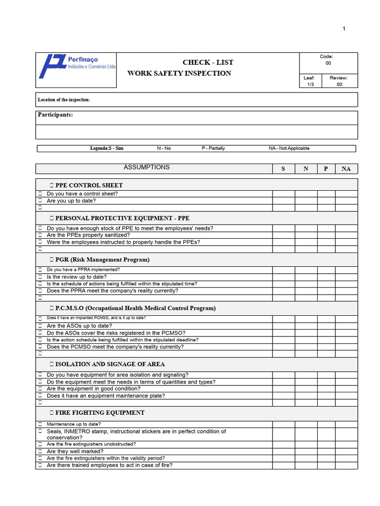 Work Safety Inspection Checklist | PDF | Personal Protective Equipment ...