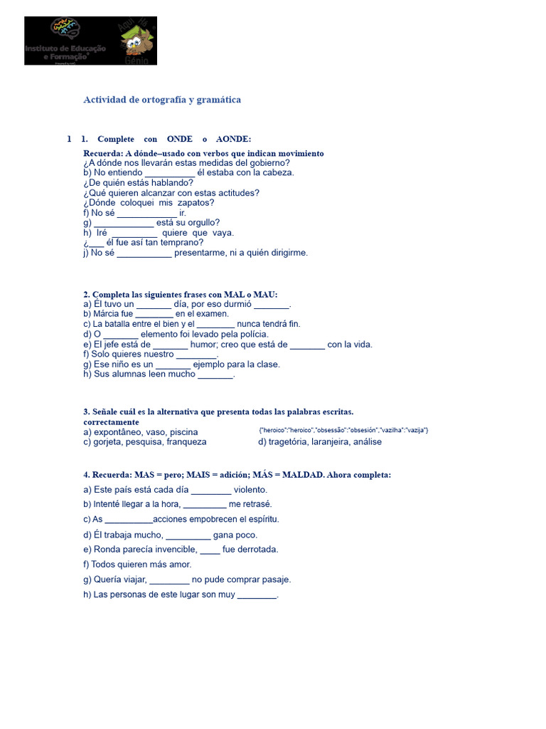 Actividades de ortografía y gramática | PDF | Verbo | Gramática
