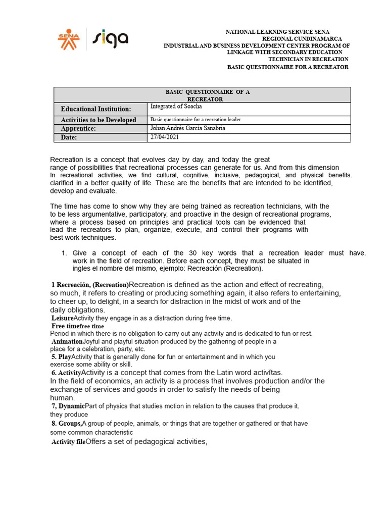 1. BASIC QUESTIONNAIRE IN RECREATION Johan Garcia | PDF | Recreation ...