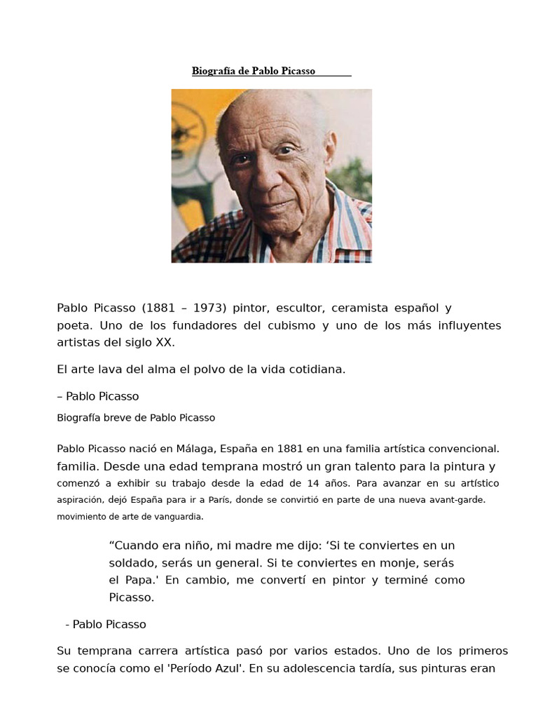 Biografía de Pablo Picasso: Vida y Arte | PDF | Pablo Picasso | Vanguardia