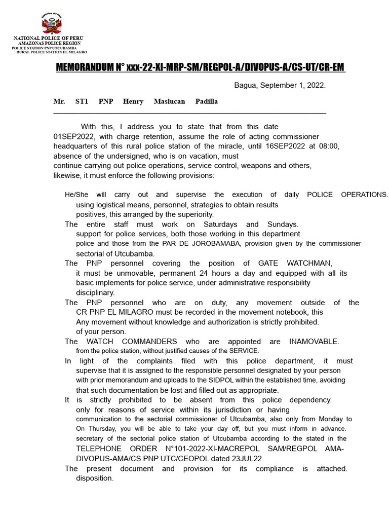 MEMORANDUM ASSUMING COMMISSIONER IN CHARGE | PDF | Police | Public Law