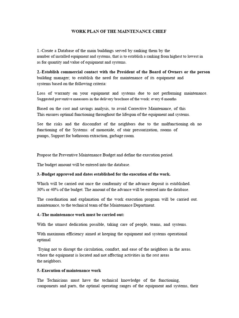 Maintenance Chief Work Plan | PDF