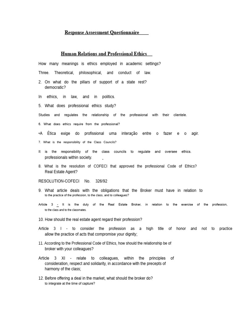 Questionnaire Assessment of Human Relations and Professional Ethics ...
