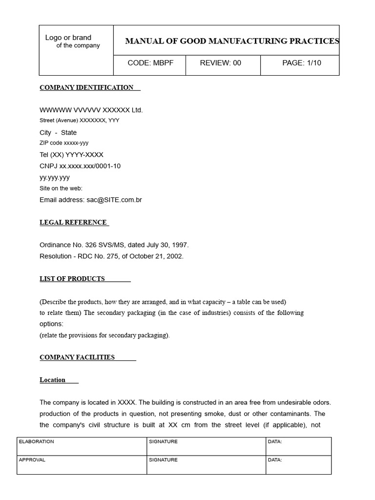 Model of GOOD MANUFACTURING PRACTICES MANUAL | PDF | Infection | Hygiene