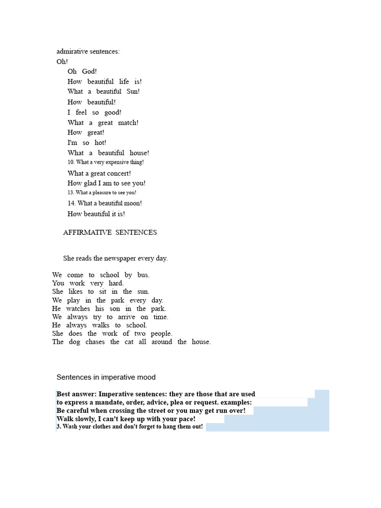 Admirative Sentences Affirmative Sentences Sentences in Imperative Mood ...