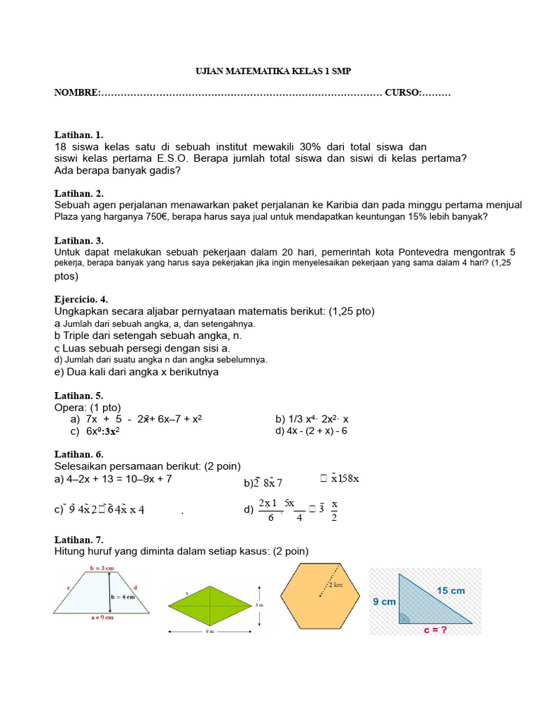 UJIAN MATEMATIKA KELAS 1 ESO.docx | PDF