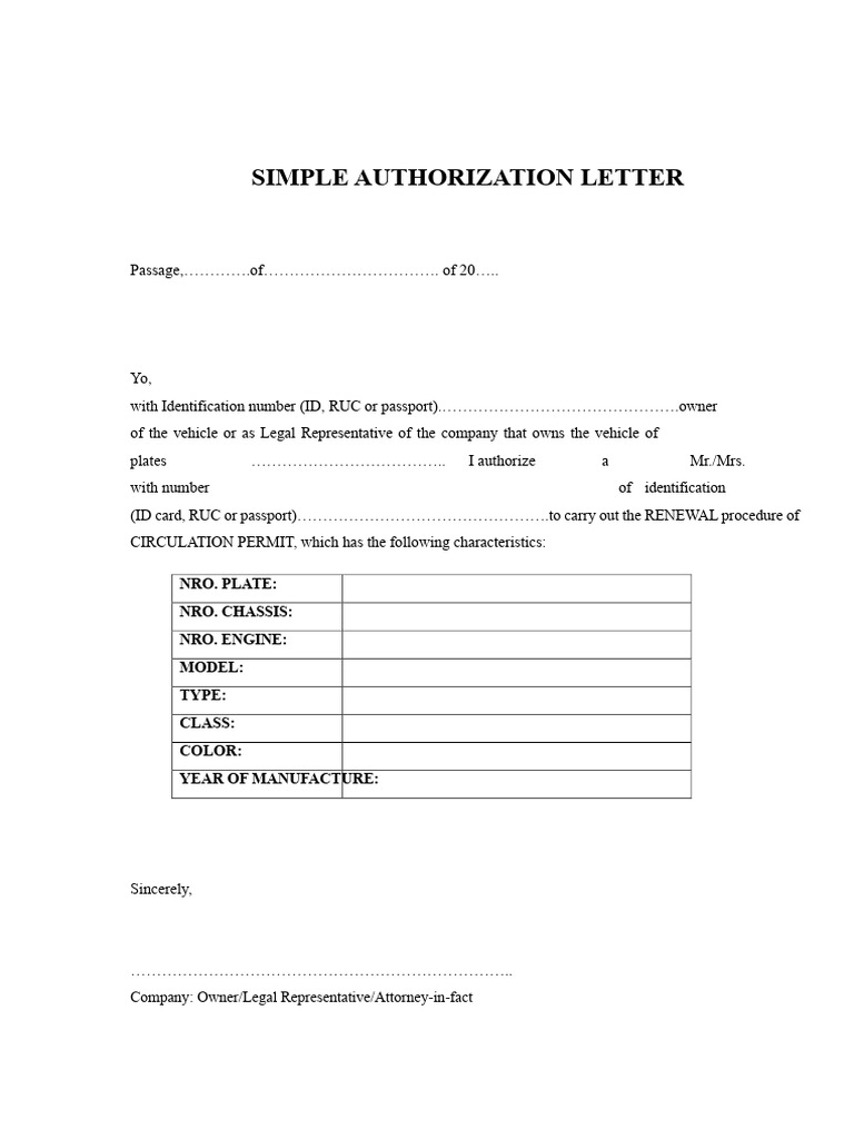 Simple Vehicle Authorization Letter | PDF