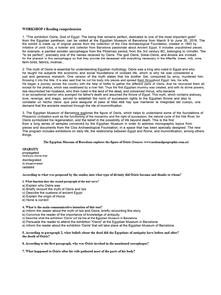 WORKSHOP 4 Reading Comprehension | PDF | Osiris | Isis