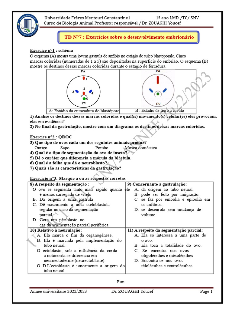 TD N°7-Exercícios sobre o desenvolvimento embrionário DR.ZOUAGHI YOUCEF ...