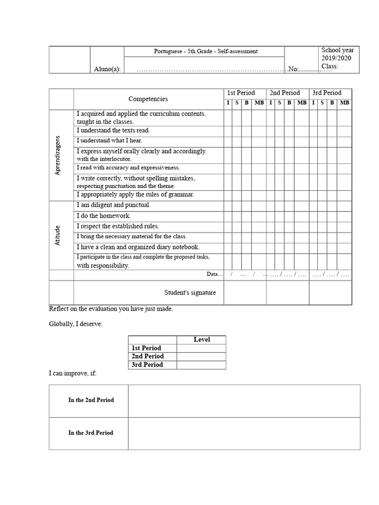 5th Grade Portuguese Self-Assessment Form | PDF