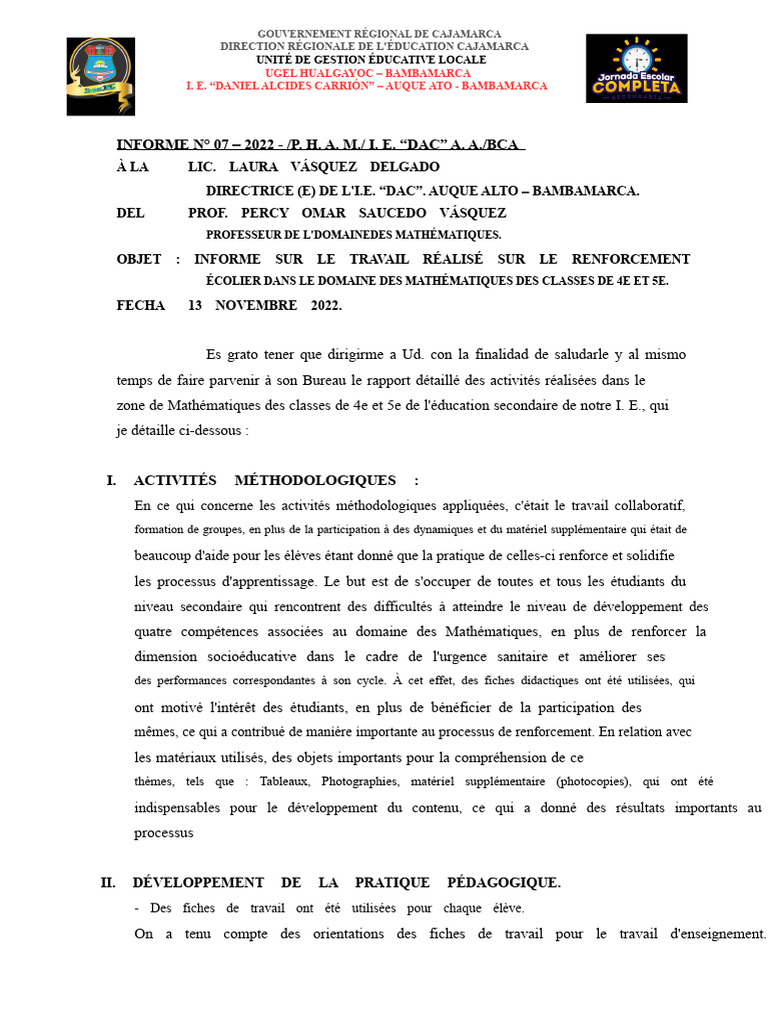 Rapport sur le renforcement en mathématiques | PDF | Pédagogie