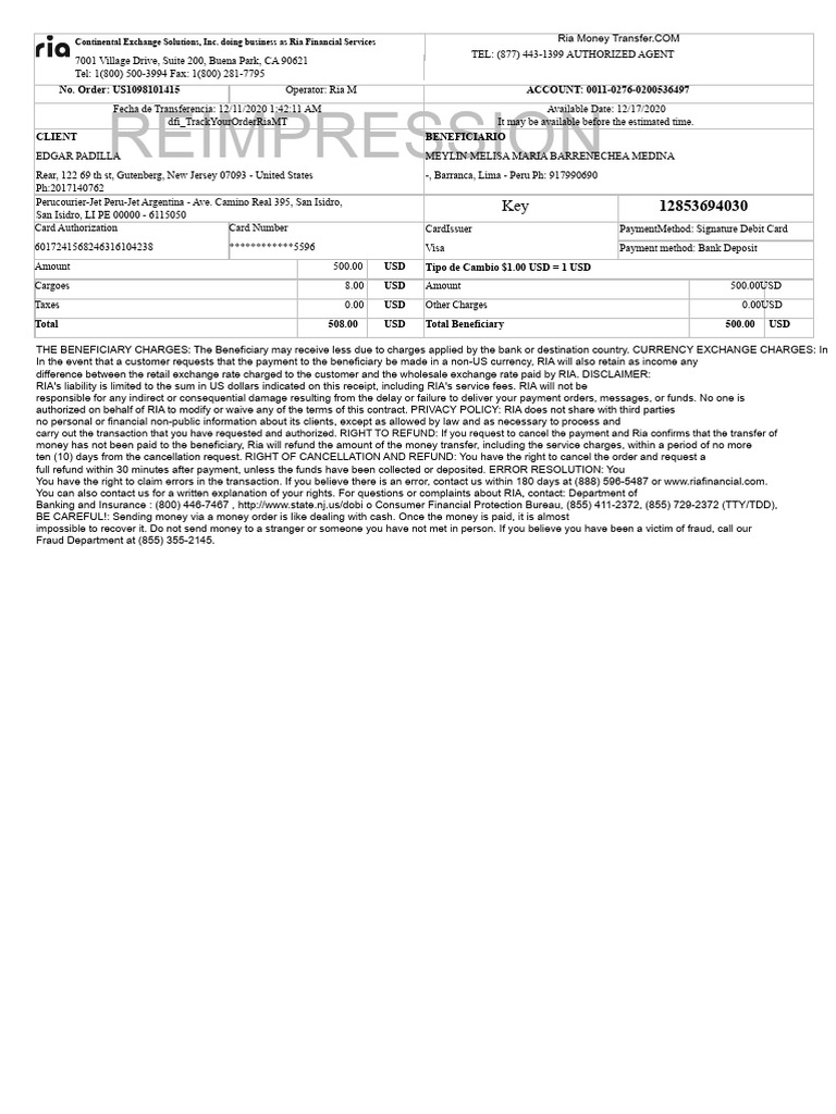 Ria Order Receipt US1098101415 | PDF | Fee | Payments
