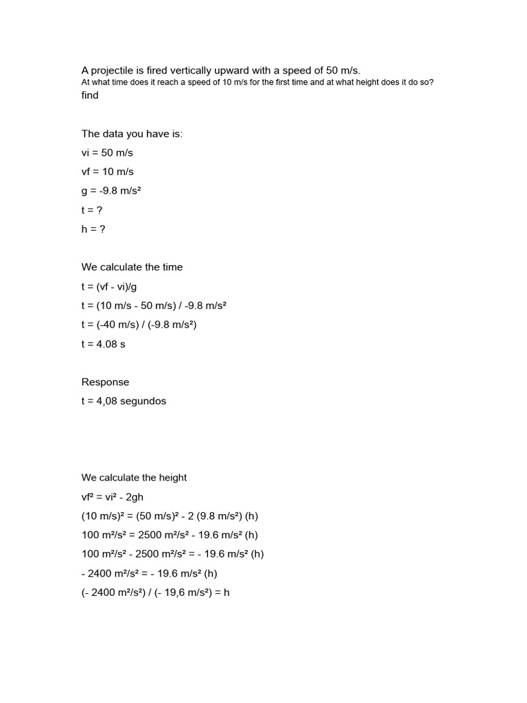 A projectile is fired vertically upwards with a speed of 50 m. | PDF ...