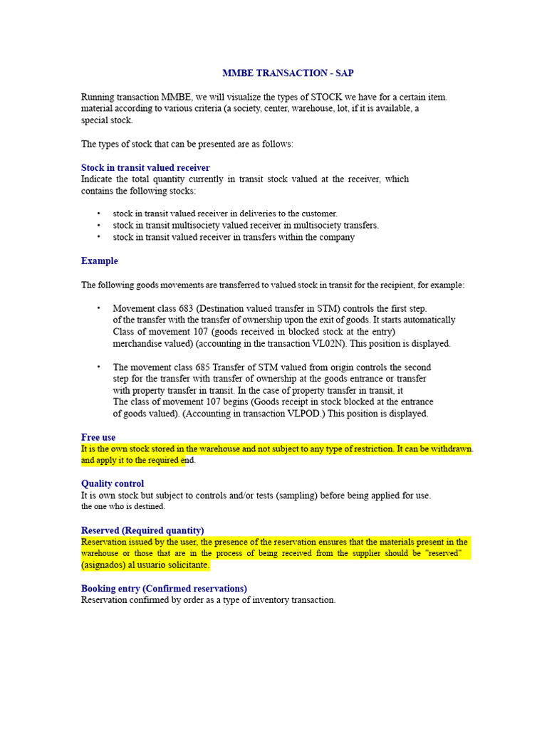 SAP MMBE Transaction Guide for Stock Types | PDF | Warehouse | Numbers