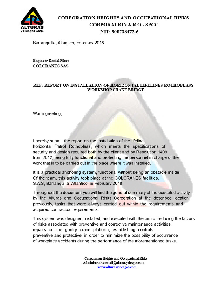 Report On The Installation of Rothoblass Horizontal Lifeline Colcranes ...