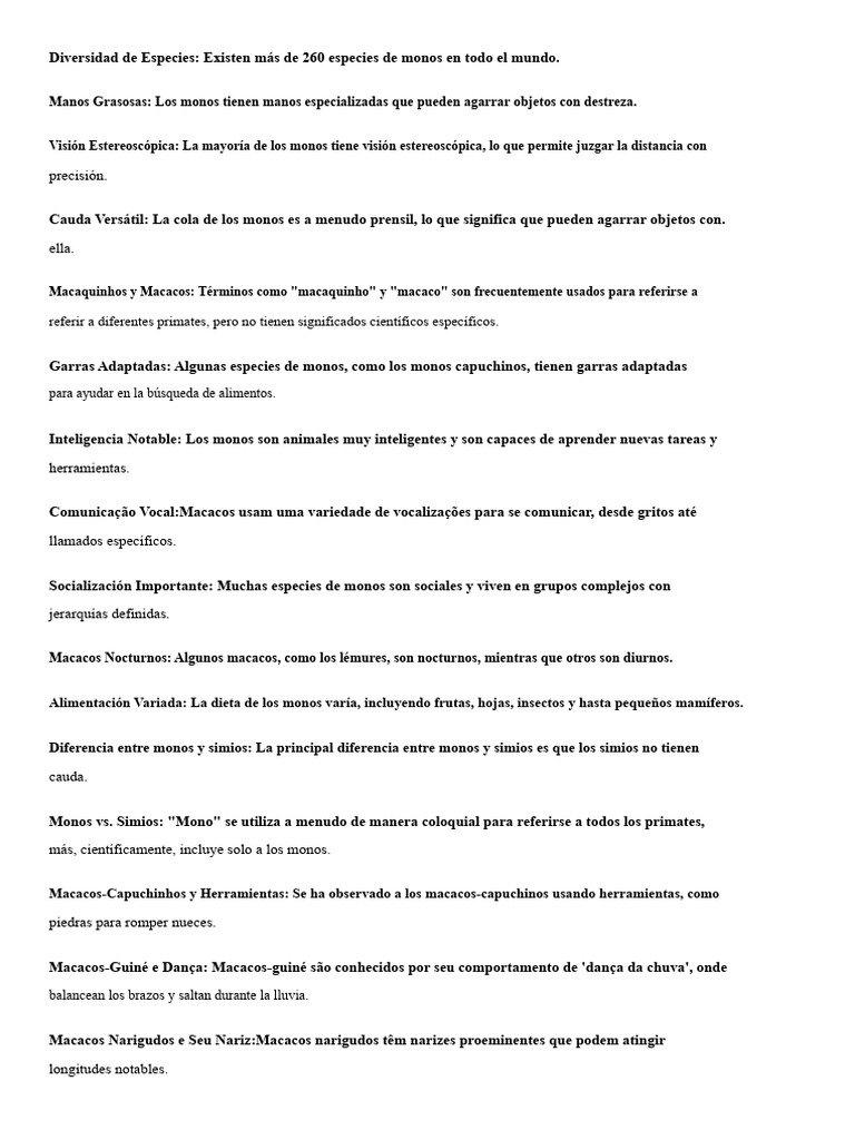 Diversidad y Comportamiento de los Monos | PDF | Mono | Zoología
