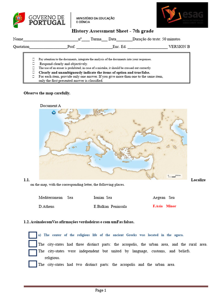 7th Grade History Assessment Sheet | PDF | Ancient Greece | Classical ...