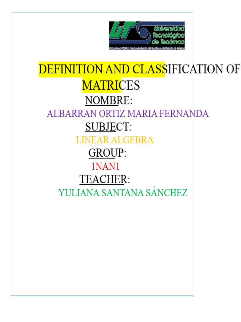 Matrix Definition and Classification Guide | PDF | Matrix (Mathematics ...