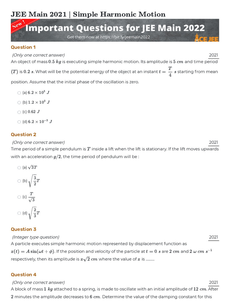 JEE Main 2021: Simple Harmonic Motion Questions | PDF | Oscillation ...