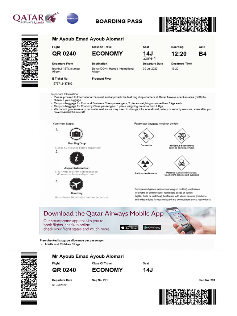 Qatar Airways Boarding Pass Details | PDF