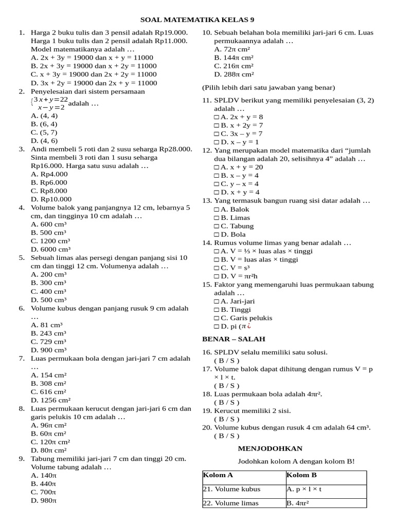 Soal Matematika Kelas 9 | PDF