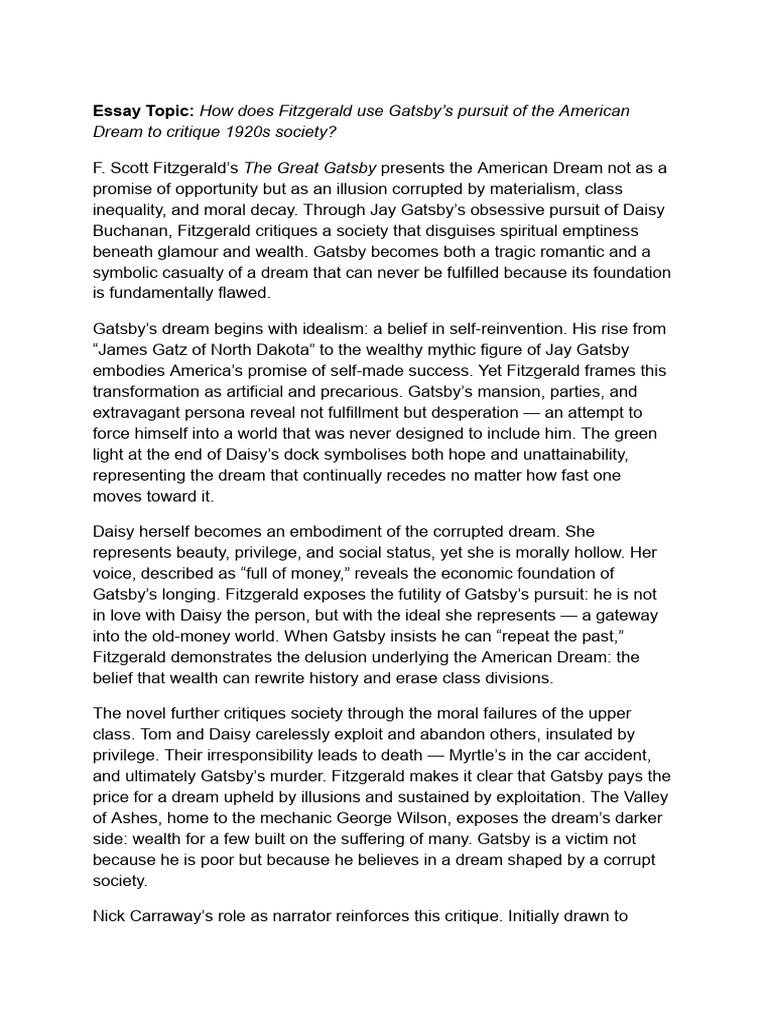The Great Gatsby (F. Scott Fitzgerald) Essay Question Practice | PDF ...