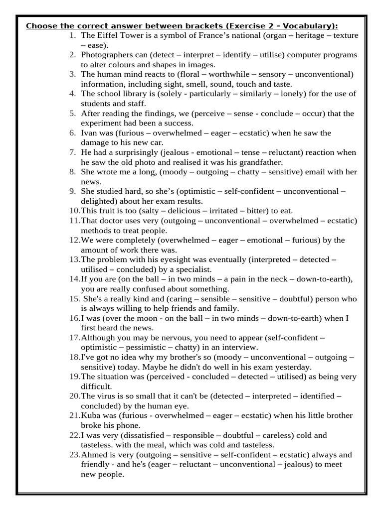 Exercises - 1st Sec - Unit 1 - Exercise 2 - Vocabulary | PDF | Senses ...