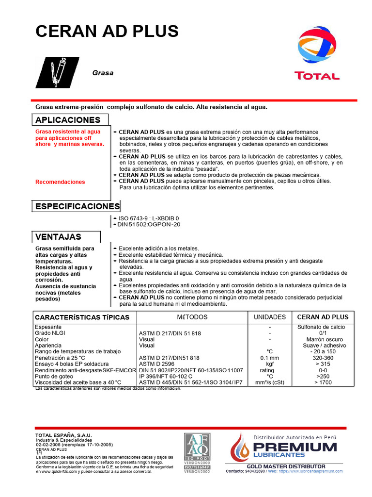 Grasa CERAN AD PLUS: Lubricante Premium | PDF | Agua | Sustancias químicas