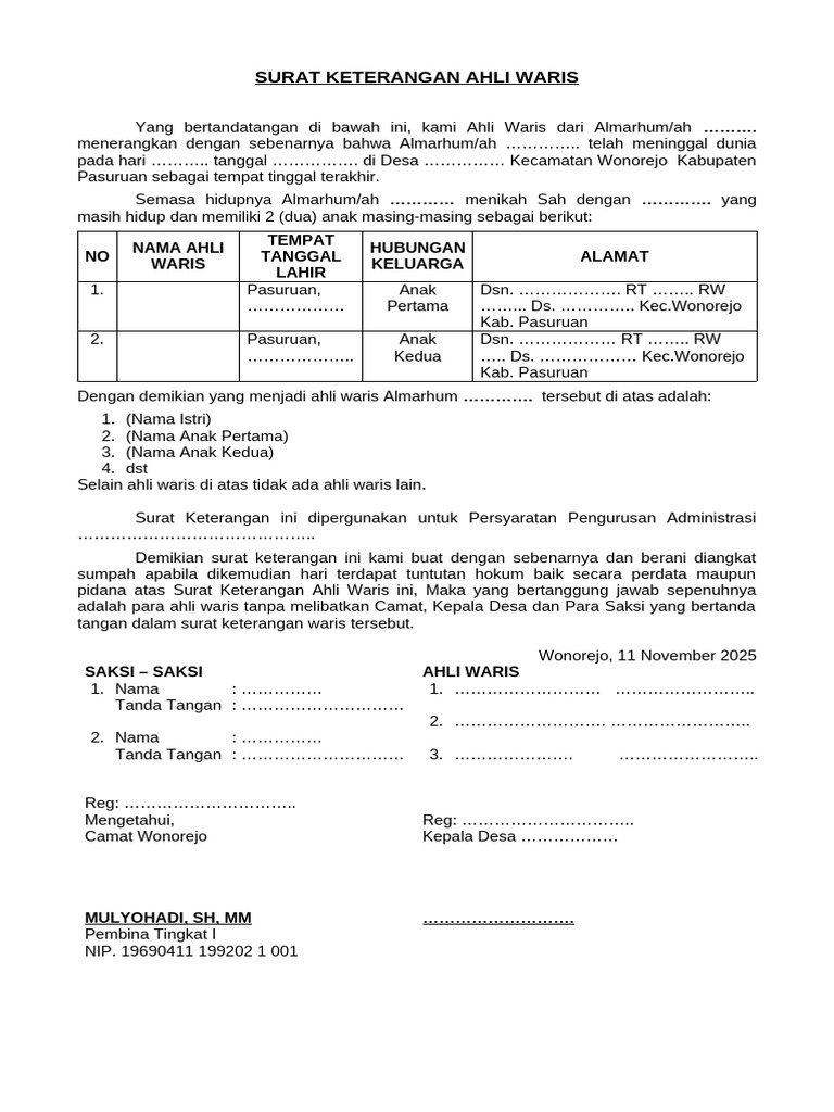 DRAFT SURAT KETERANGAN AHLI WARIS (contoh fixed) | PDF