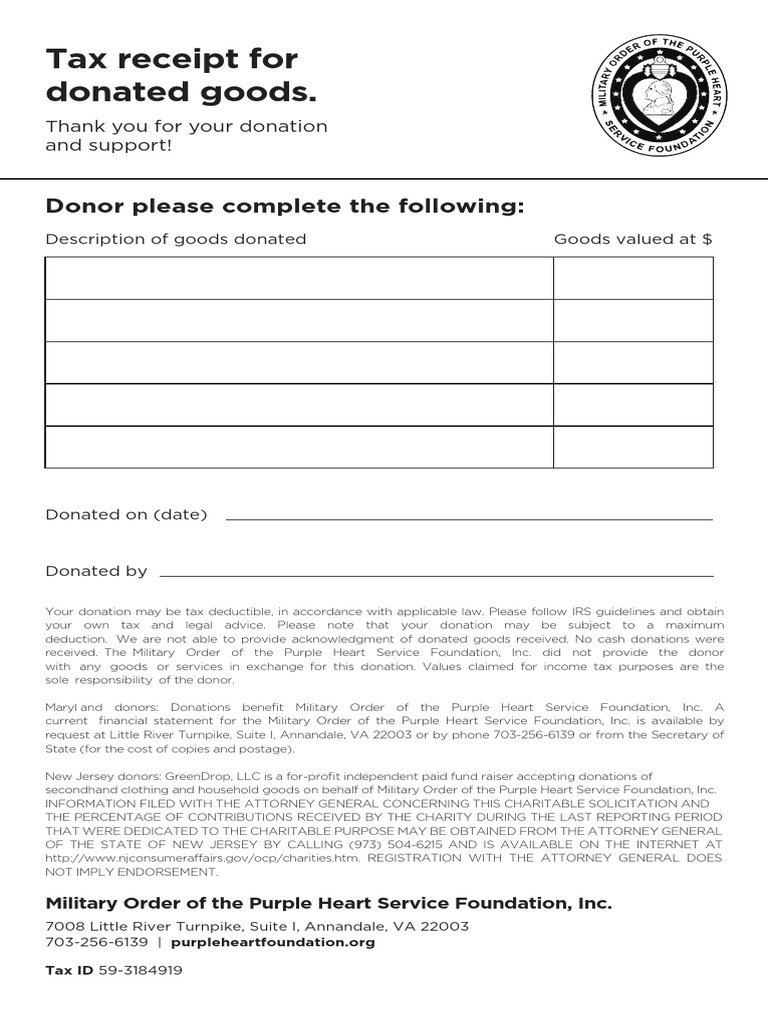 Tax Receipt for Donated Goods | PDF