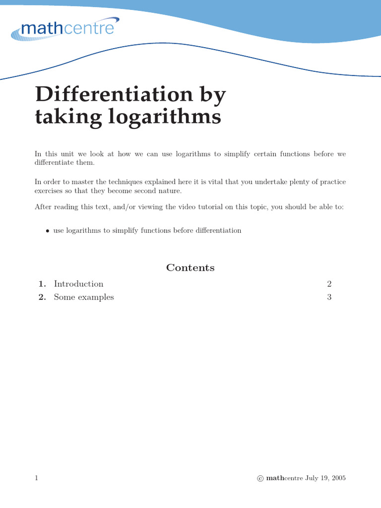 Diff Taking Logs Mathcentre (1) | PDF | Logarithm | Complex Analysis