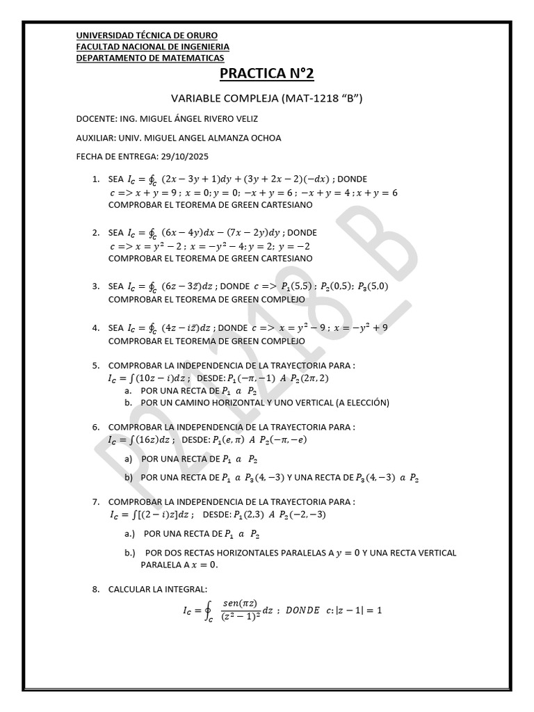 Practica N°2: Variable Compleja (Mat-1218 B) | PDF