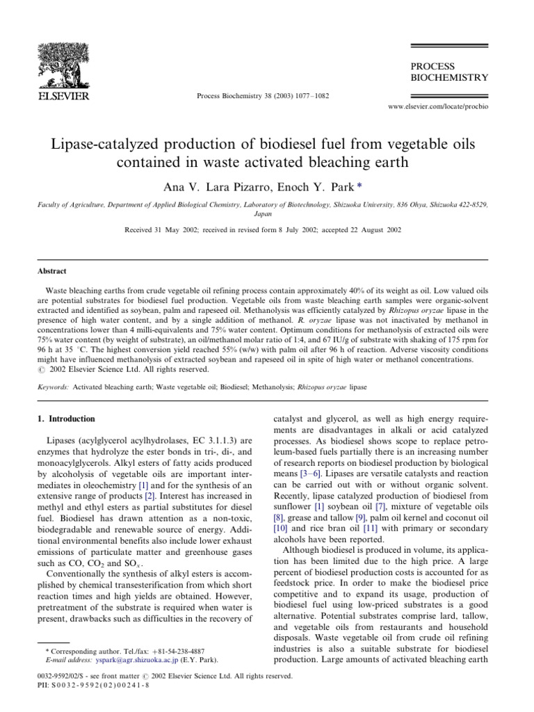 Lipase-Catalyzed Production of Biodiesel Fuel From Egetable Oils ...