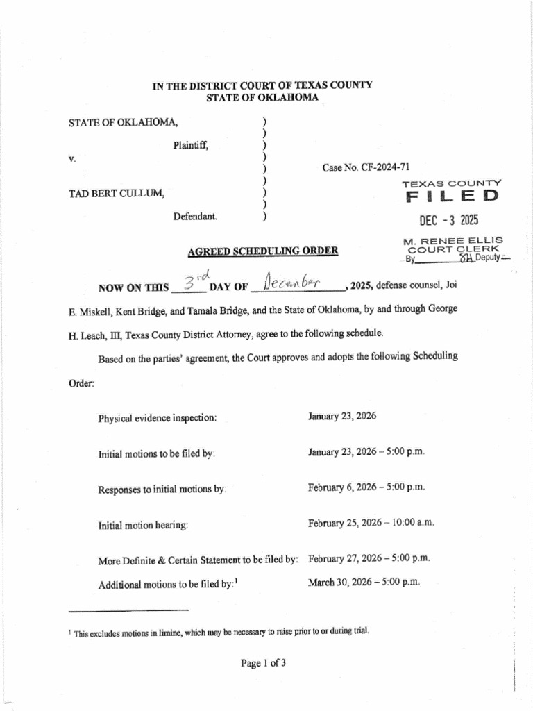 Scheduling Order For Tad Cullum | PDF