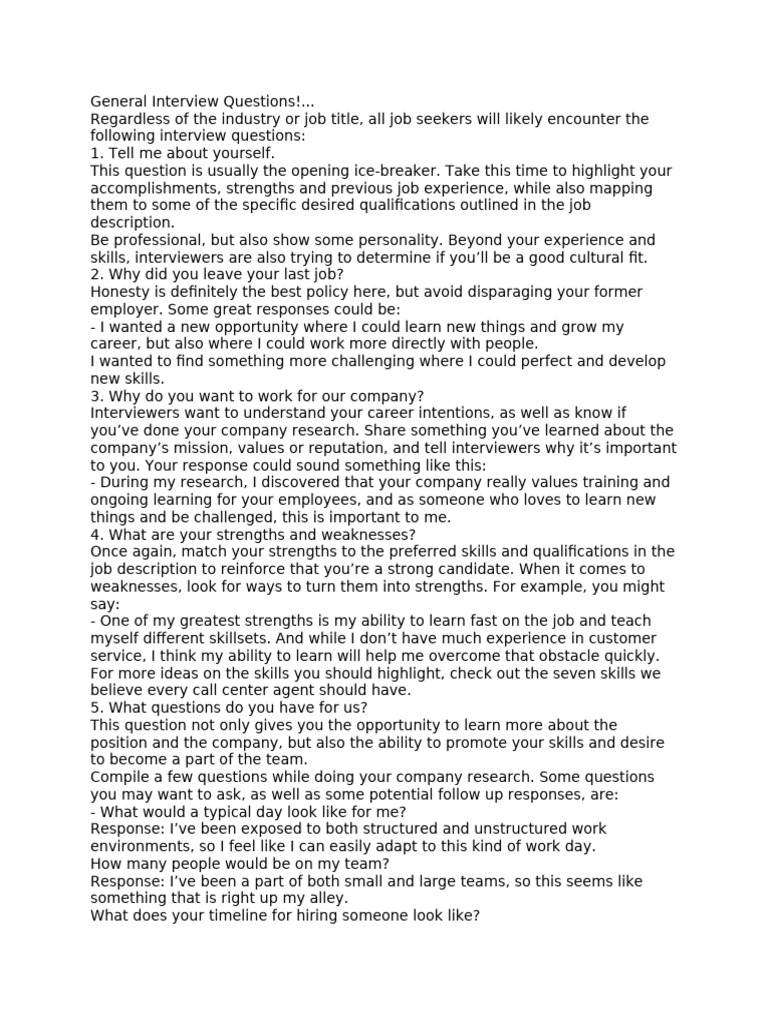 General Interview Questions | PDF | Call Centre | Cognition